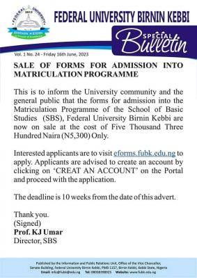 FUBK Commences Sales of Forms For 2023 Admission Into Matriculation ...
